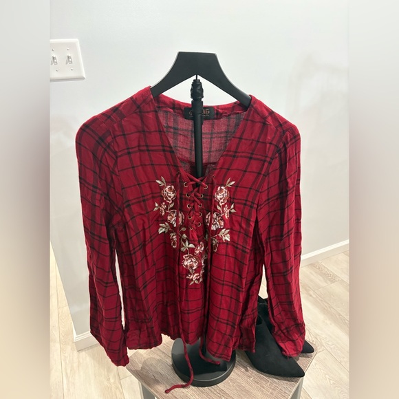 Shyanne | Tops | Shyanne Red Checkered Laceup Blouse With Floral Detail ...